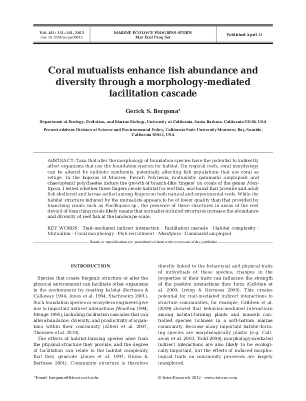 (PDF) Coral mutualists enhance fish abundance and diversity through a ...