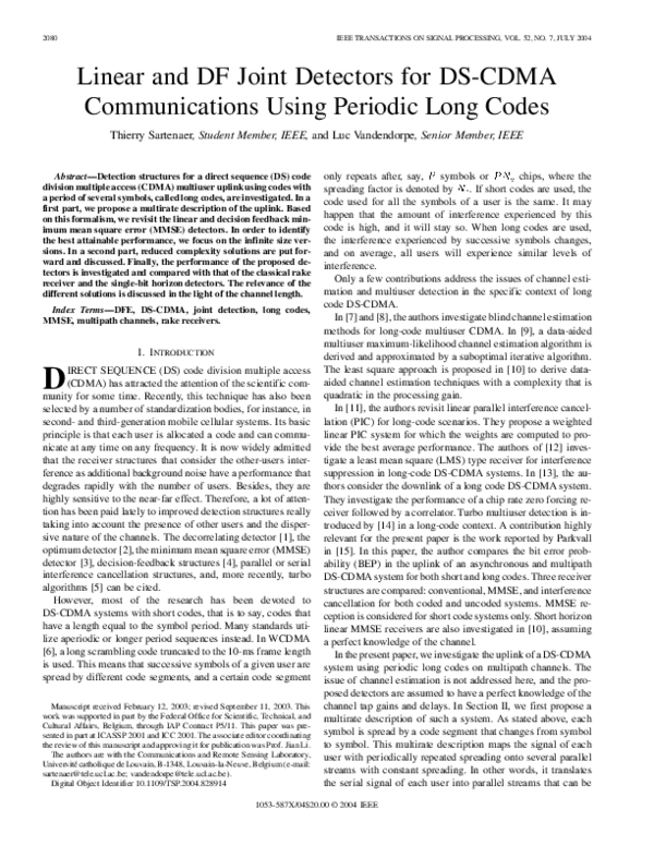 (PDF) Linear and DF Joint Detectors for DS-CDMA Communications Using Periodic Long Codes | L ...