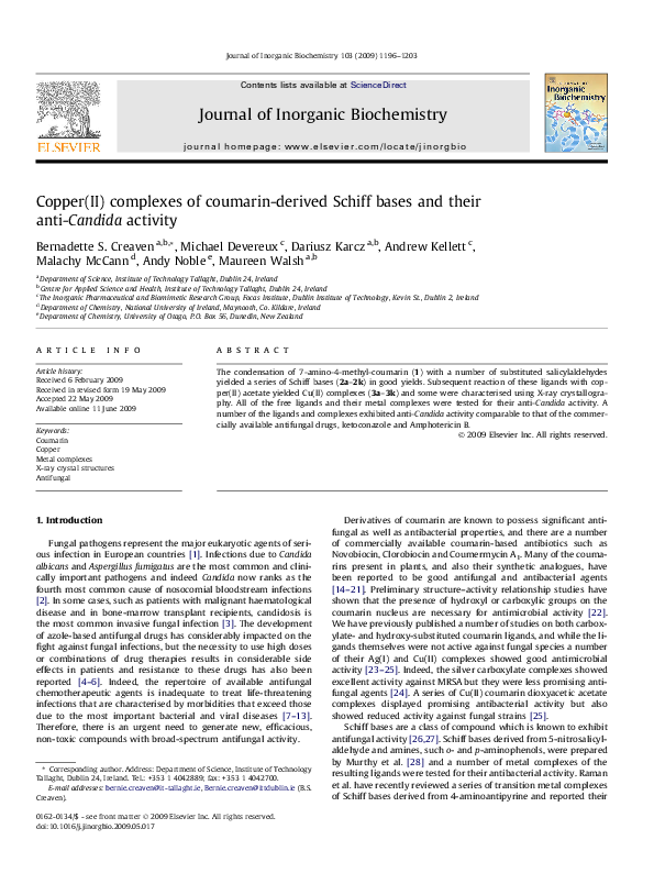(PDF) Copper(II) complexes of coumarin-derived Schiff bases and their anti-Candida activity