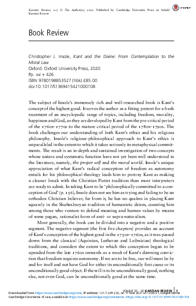 (PDF) Christopher J. Insole, Kant and the Divine: From Contemplation to ...