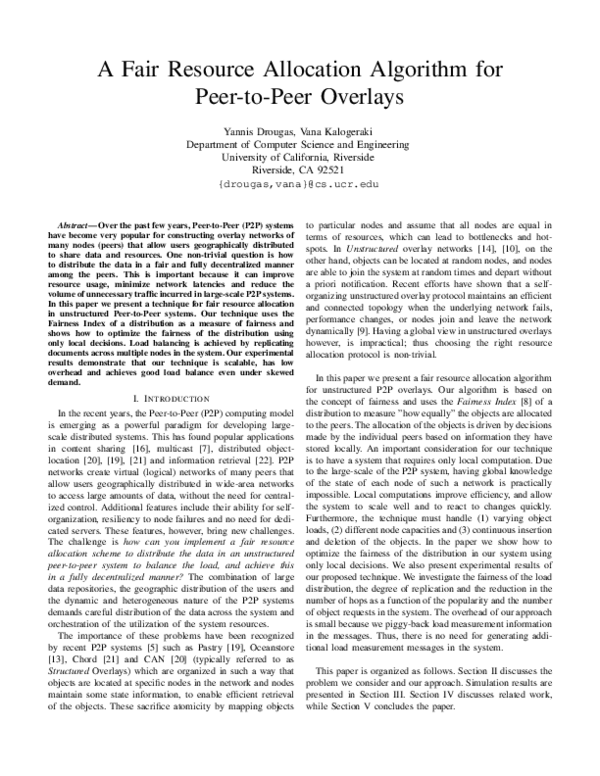 Pdf A Fair Resource Allocation Algorithm For Peer To Peer Overlays