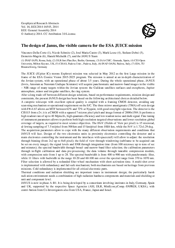 (PDF) The design of Janus, the visible camera for the ESA JUICE mission