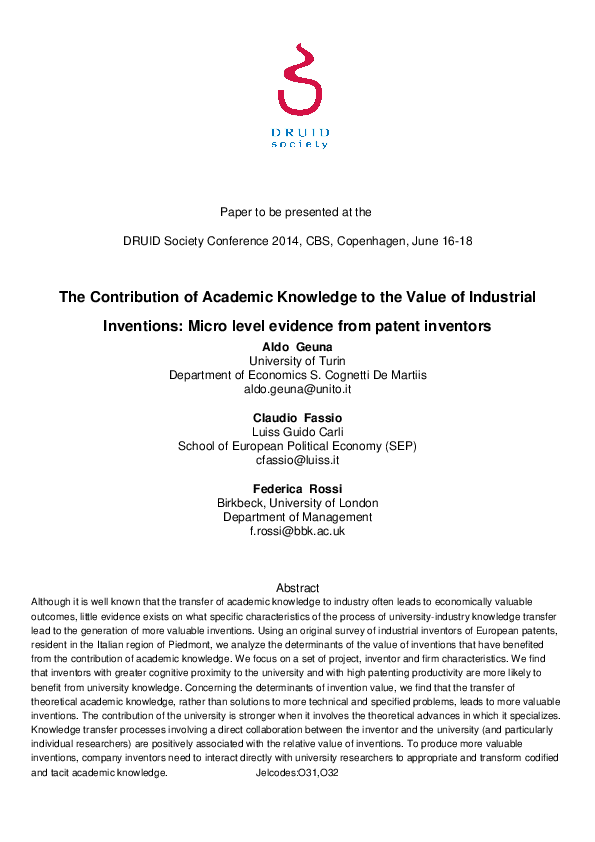 (PDF) The Contribution of Academic Knowledge to the Value of Industry ...