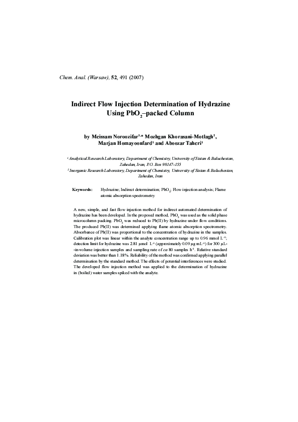 Pdf Indirect Flow Injection Determination Of Hydrazine Using Pbo 2 Packed Column