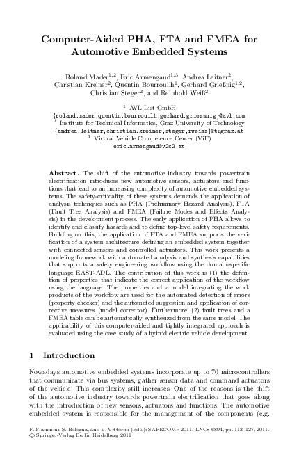 (PDF) Computer-Aided PHA, FTA and FMEA for Automotive Embedded Systems