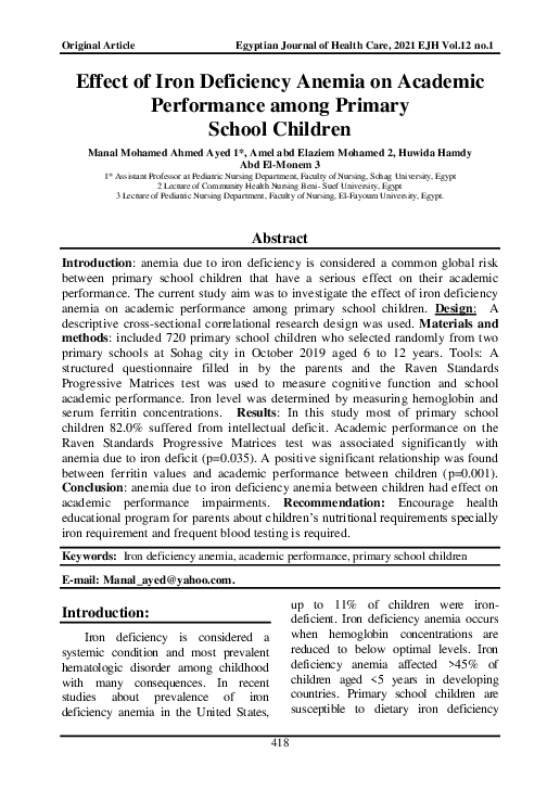 (PDF) Effect of Iron Deficiency Anemia on Academic Performance among ...
