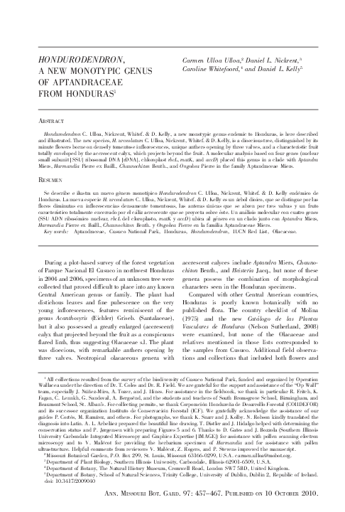 (PDF) Hondurodendron, a New Monotypic Genus of Aptandraceae from Honduras 1