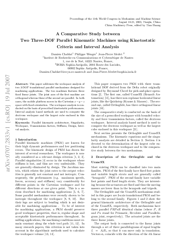 (PDF) A comparative study between two three-dof parallel kinematic machines using kinetostatic ...