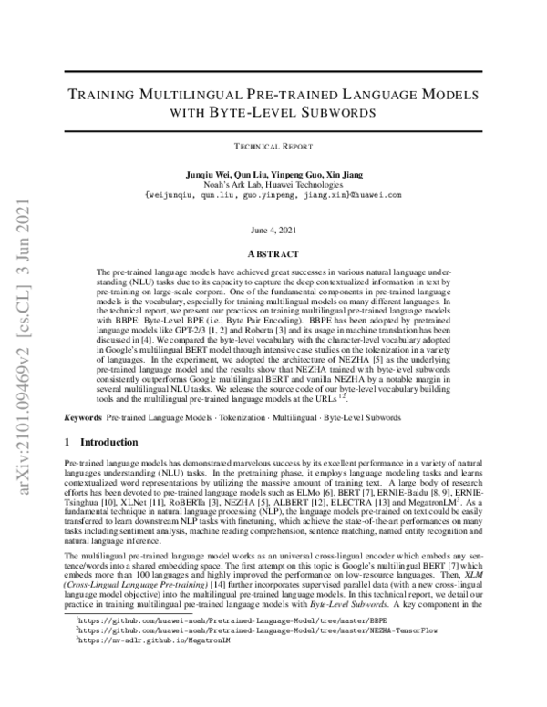 (PDF) Training Multilingual Pre-trained Language Model with Byte-level Subwords