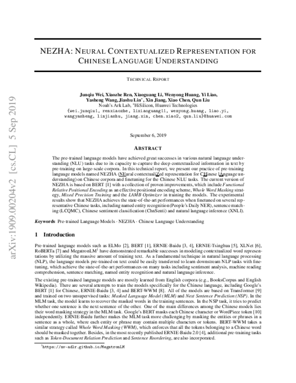 (PDF) NEZHA: Neural Contextualized Representation for Chinese Language Understanding