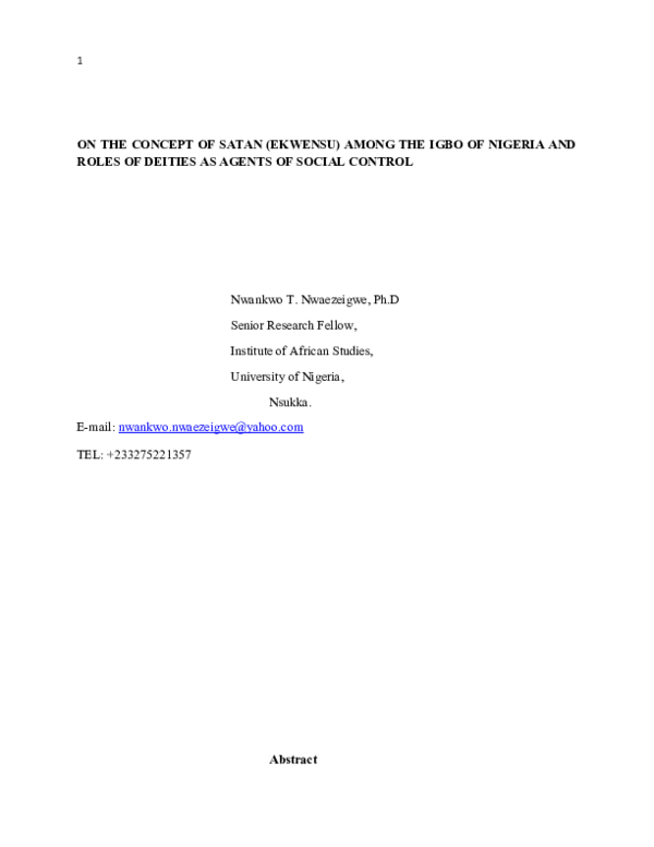 (DOC) ON THE CONCEPT OF SATAN (EKWENSU) AMONG THE IGBO OF NIGERIA AND ...