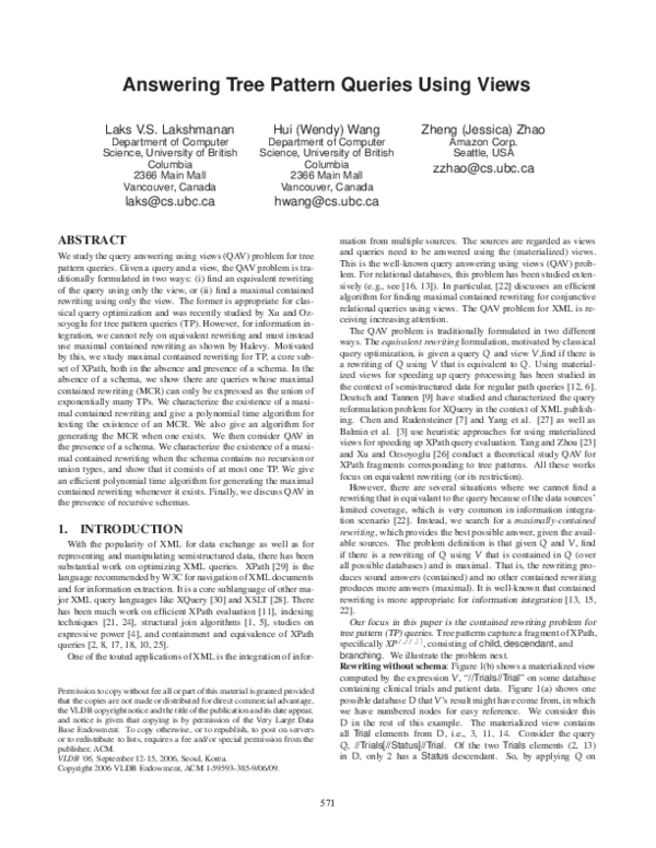 (PDF) Answering tree pattern queries using views: a revisit