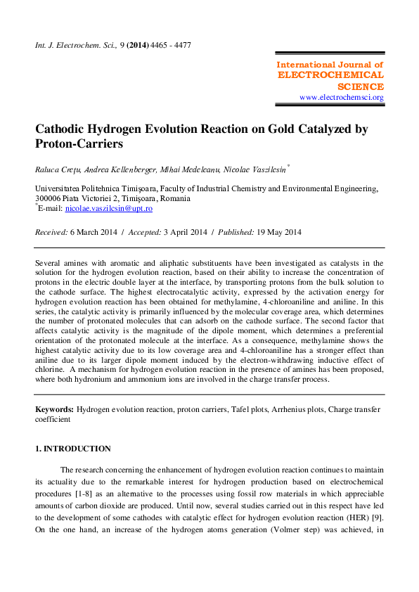 (PDF) Cathodic Hydrogen Evolution Reaction on Gold Catalyzed by Proton ...