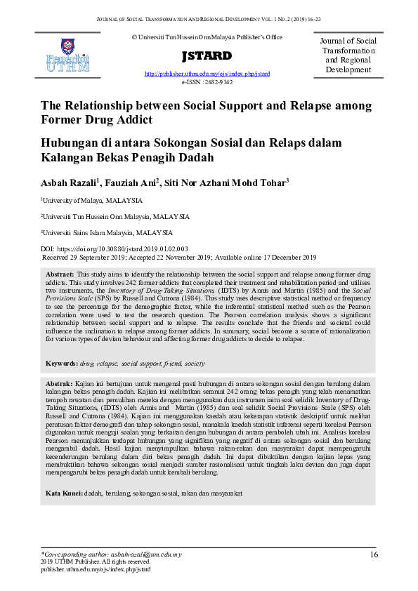 (PDF) The Relationship between Social Support and Relapse among Former ...