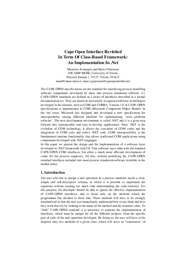 (PDF) Cape Open Interface Revisited In Term Of Class-Based Framework ...