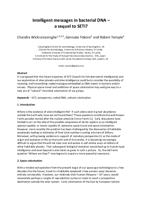 (PDF) Intelligent Messages in Bacterial DNA – a Sequel to SETI?
