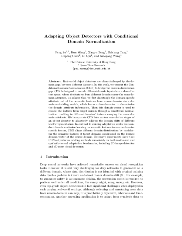 Pdf Adapting Object Detectors With Conditional Domain Normalization