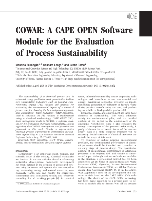 (PDF) COWAR: A CAPE OPEN software module for the evaluation of process sustainability