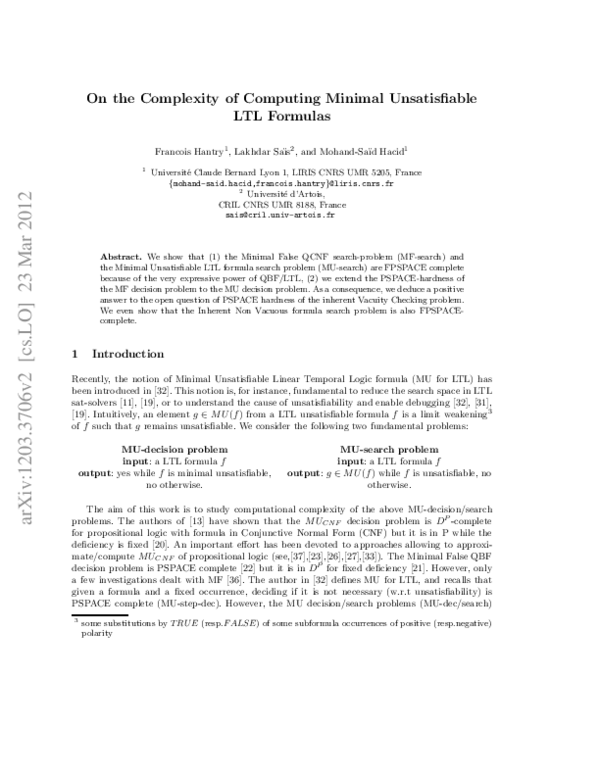 Pdf On The Complexity Of Computing Minimal Unsatisfiable Ltl Formulas