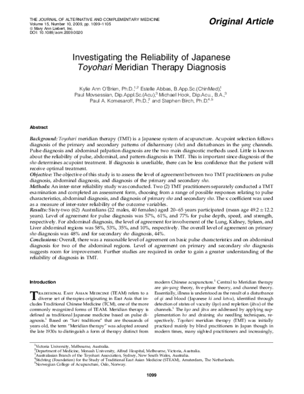 (PDF) Investigating the Reliability of Japanese Toyohari Meridian ...
