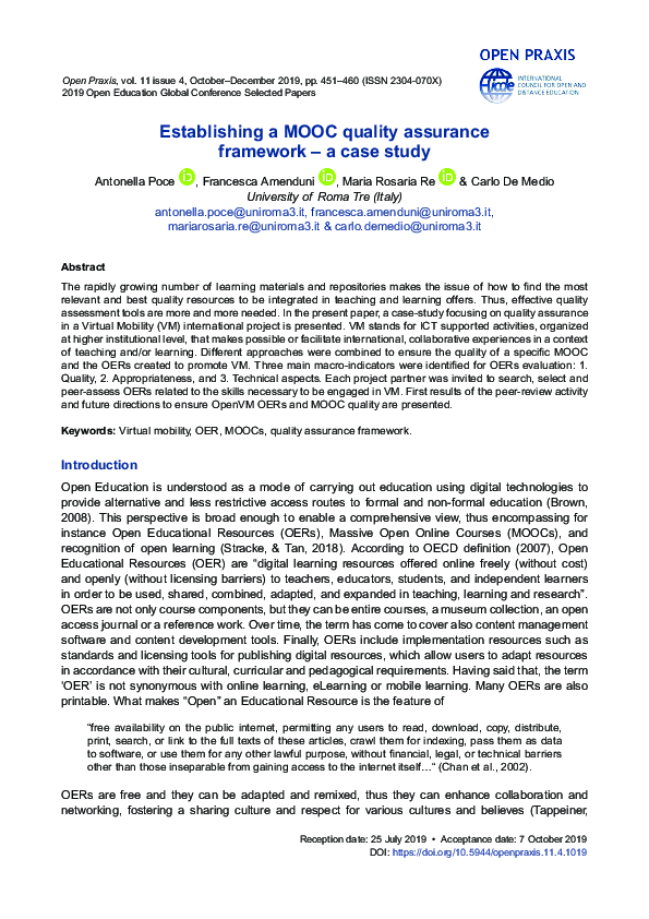(PDF) Establishing a MOOC quality assurance framework – a case study