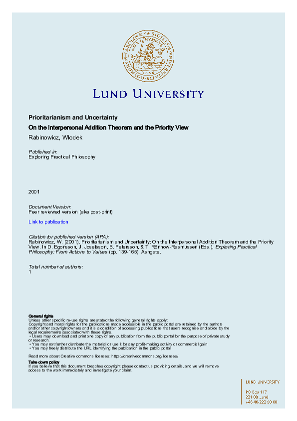 (PDF) Prioritarianism and uncertainty: on the interpersonal addition ...