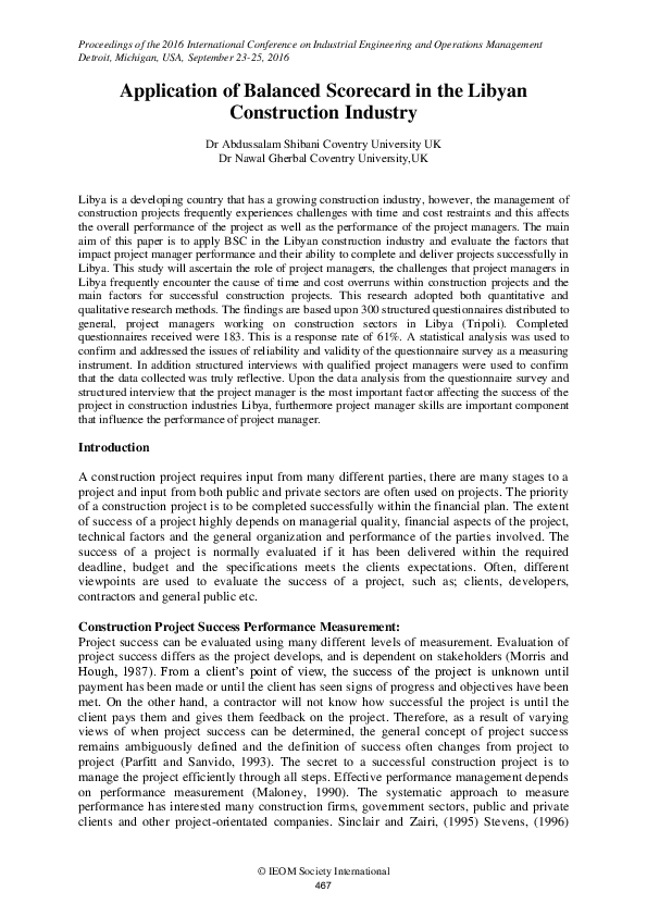 (PDF) Application of Balanced Scorecard in the Libyan Construction industry