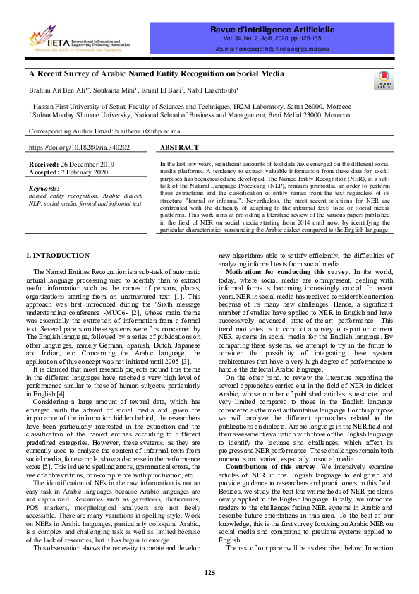 (PDF) A Recent Survey of Arabic Named Entity Recognition on Social Media