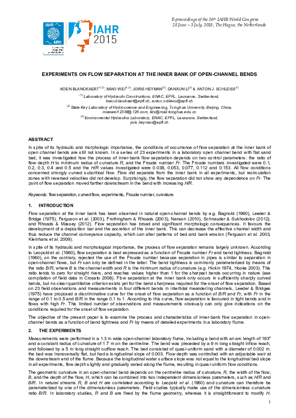 (PDF) Experiments of flow separation at the inner bank of open-channel bends