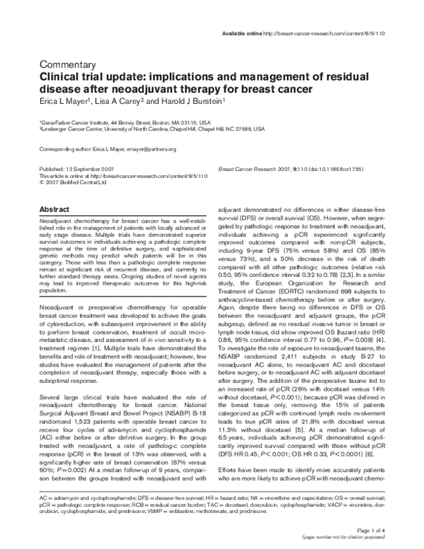 Pdf Clinical Trial Update Implications And Management Of Residual Disease After Neoadjuvant