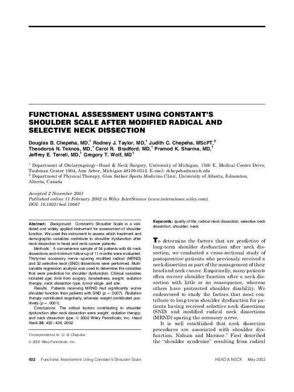 (PDF) Functional assessment using Constant's Shoulder Scale after ...