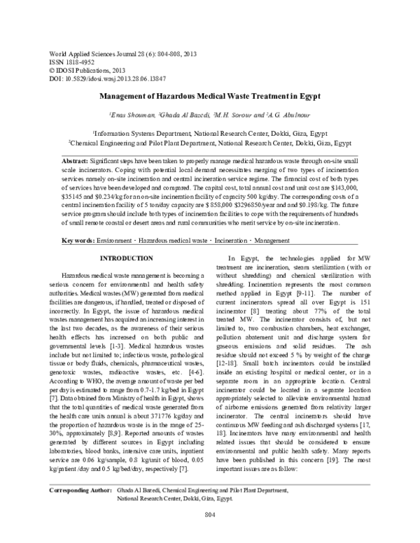(PDF) Management of Hazardous Medical Waste Treatment in Egypt
