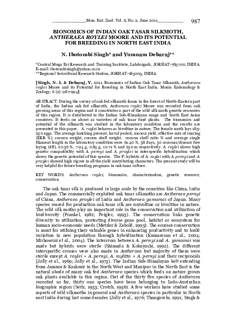 (PDF) Bionomics of Indian Oak Tasar Silkmoth , Antheraea Roylei Moore ...