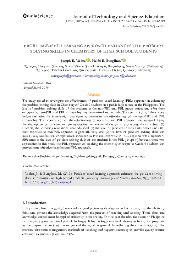 (PDF) Problem-based learning approach enhances the problem solving skills in Chemistry of high ...