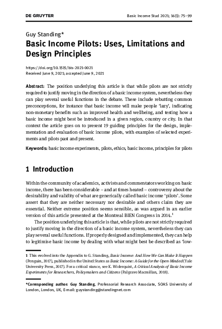 (PDF) Basic Income Pilots: Uses, Limitations and Design Principles