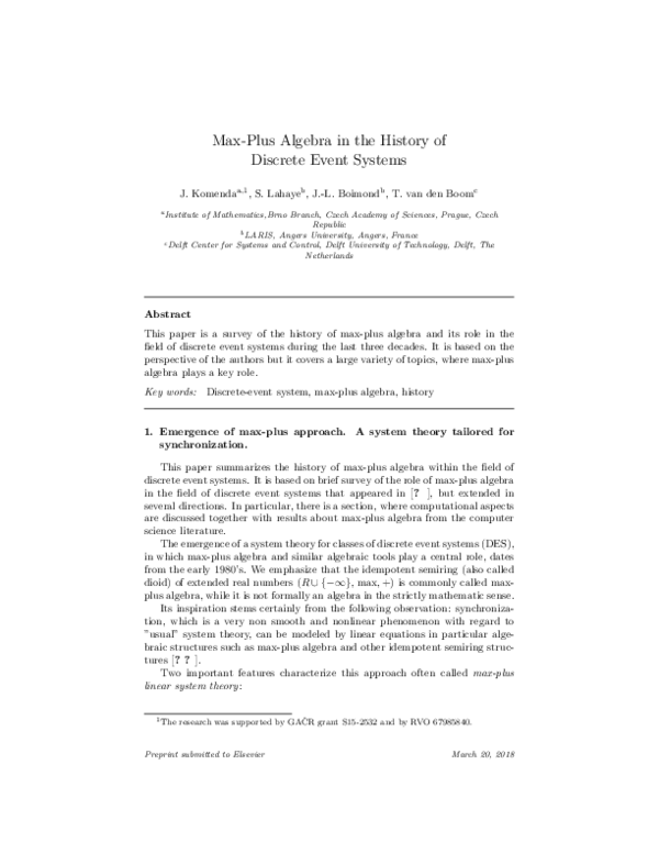 (PDF) Max-plus algebra in the history of discrete event systems