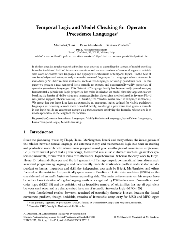 (PDF) Temporal Logic and Model Checking for Operator Precedence Languages