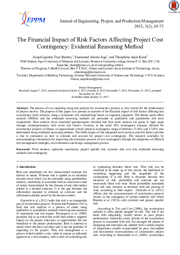 (PDF) The Financial Impact of Risk Factors Affecting Project Cost Contingency: Evidential ...