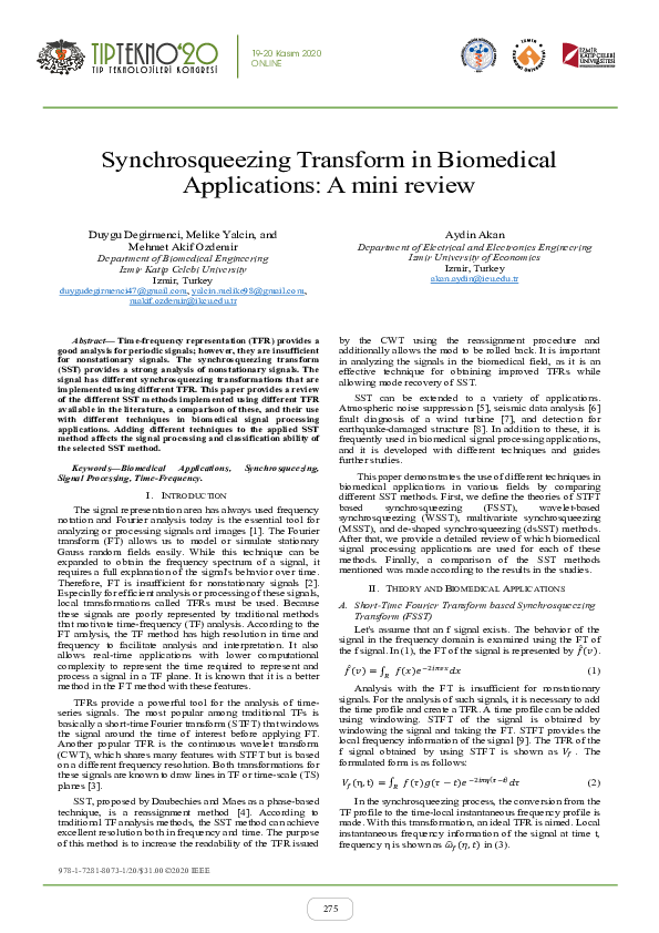 (PDF) Synchrosqueezing Transform in Biomedical Applications: A mini review