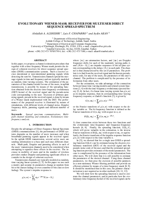 Pdf Evolutionary Wiener Mask Receiver For Multiuser Direct Sequence Spread Spectrum Aydin
