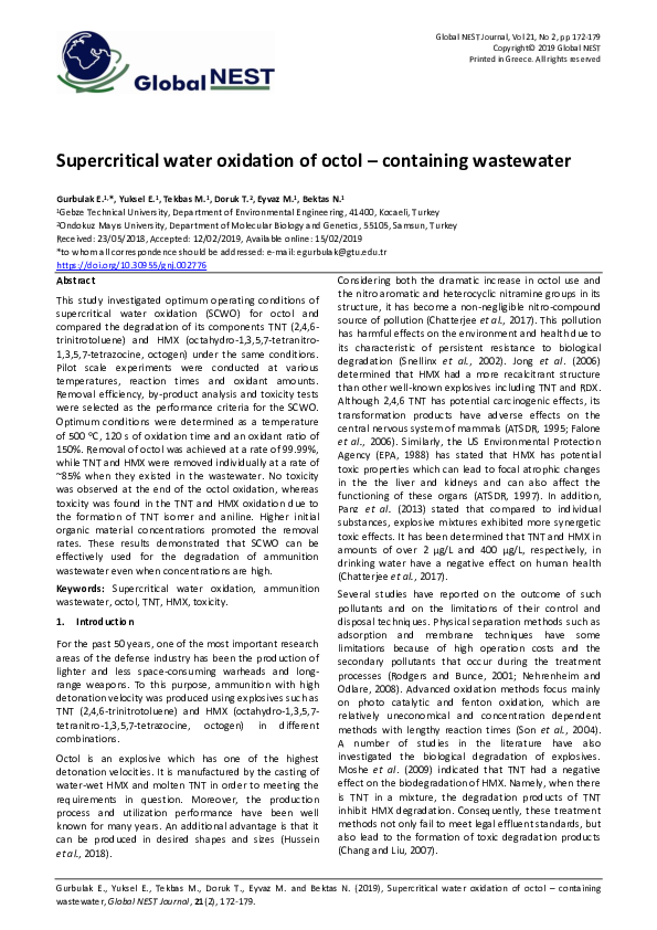 (PDF) Supercritical Water Oxidation of Octol – Containing Wastewaters
