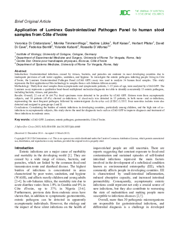 (PDF) Application of Luminex Gastrointestinal Pathogen Panel to human ...