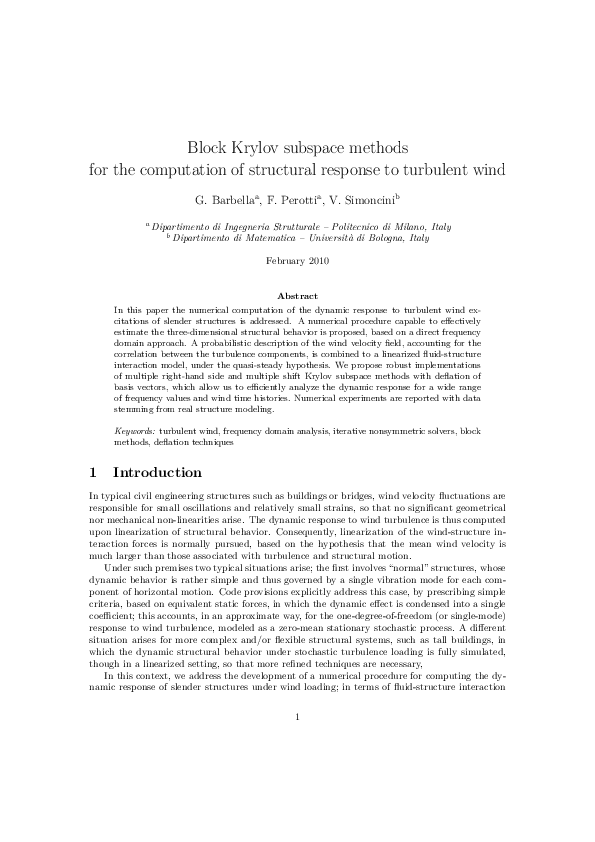 Pdf Block Krylov Subspace Methods For The Computation Of Structural Response To Turbulent Wind