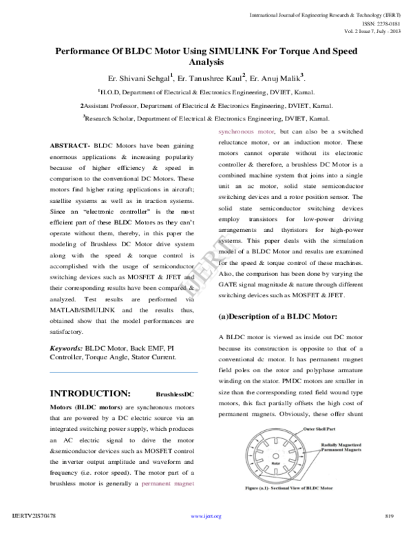 (PDF) Performance Of BLDC Motor Using SIMULINK For Torque And Speed Analysis