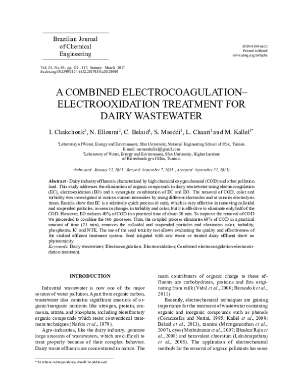 (PDF) A combined electrocoagulation-electrooxidation treatment for industrial wastewater