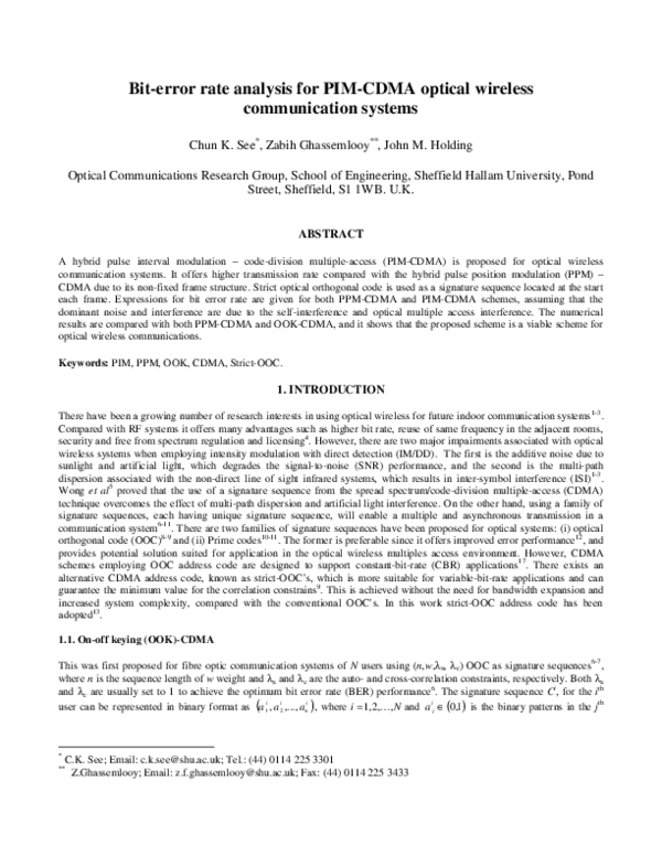 (PDF) Bit-error-rate analysis for hybrid PIM-CDMA optical wireless communication systems