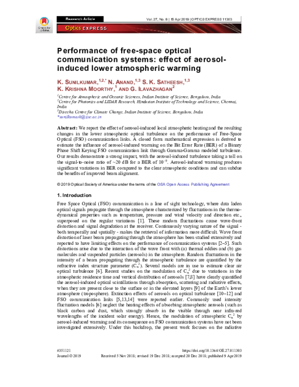 Pdf Performance Of Free Space Optical Communication Systems Using Polarization Shift Keying