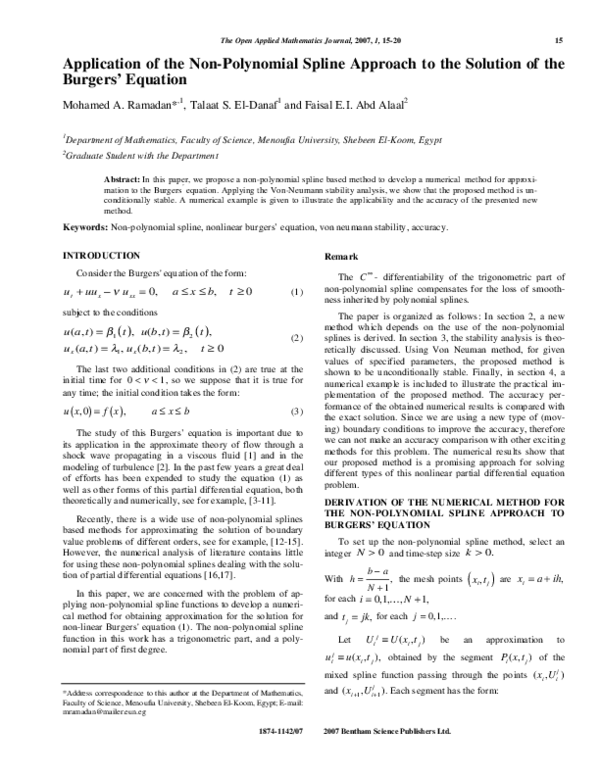 (PDF) Application of the Non-Polynomial Spline Approach to the Solution of the Burgers' equation