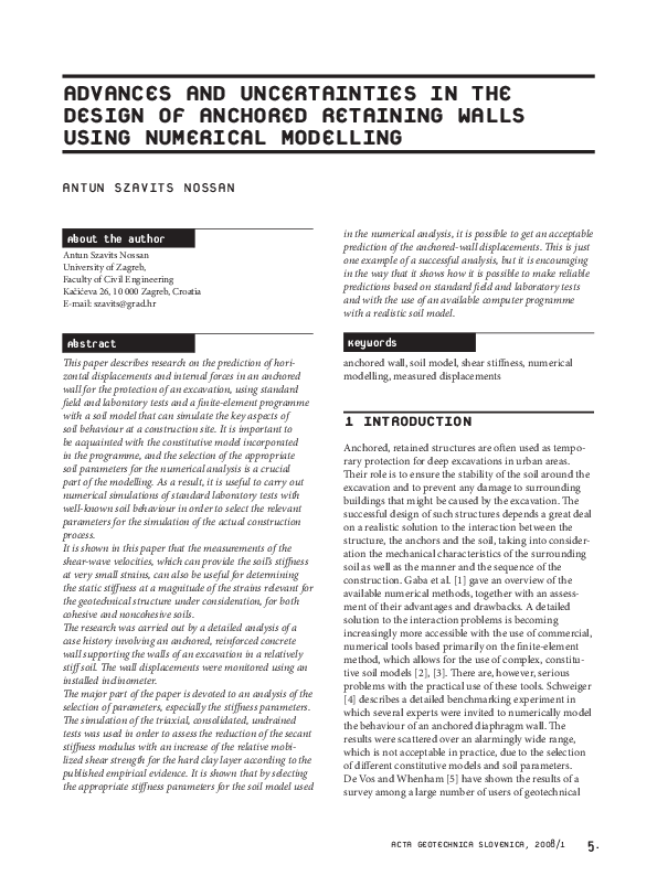 (PDF) Advances and uncertainties in the design of anchored retaining walls using numerical modelling
