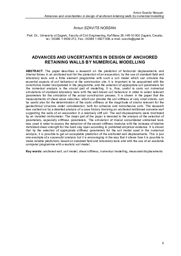 (PDF) Advances and Uncertainties in Design of Anchored Retaining Walls by Numerical Modelling